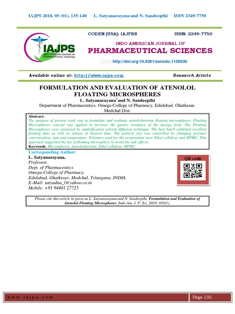 Formulation And Evaluation Of Atenolol Floating Microspheres Pdf Buoyancy Biodegradation