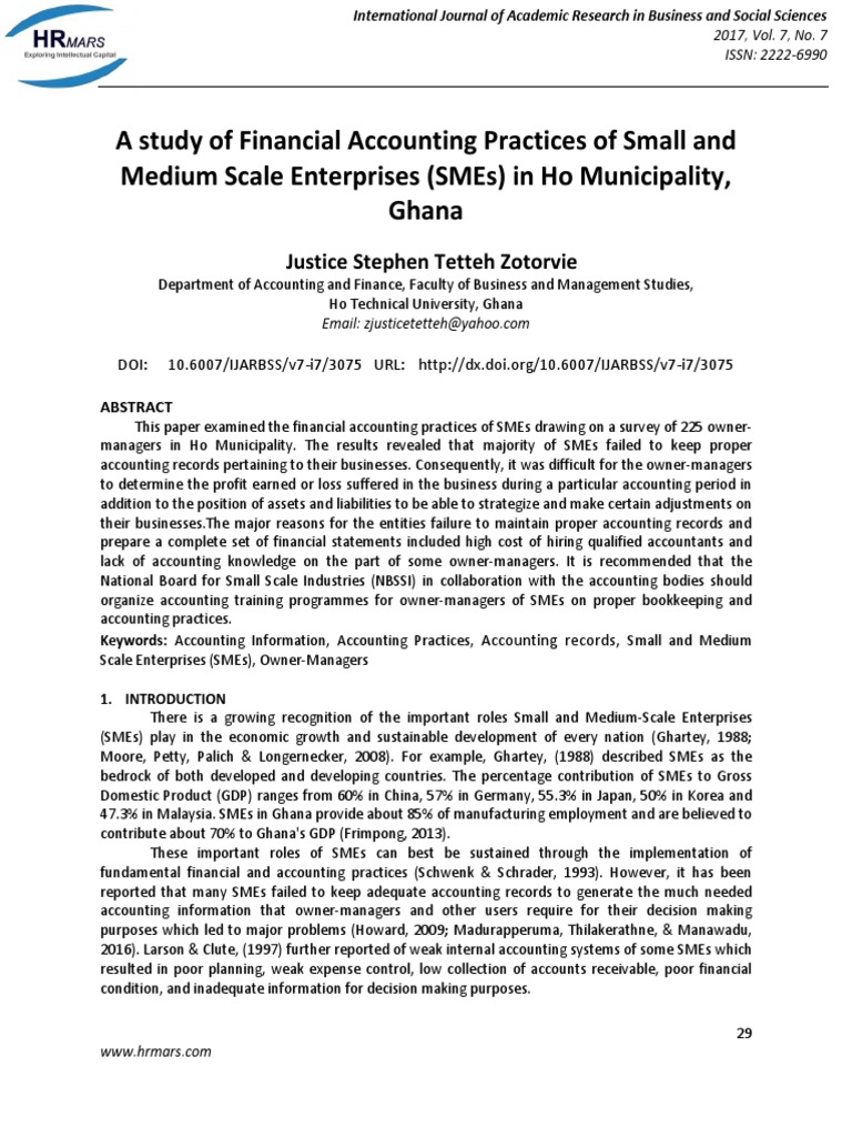 A Study of Financial Accounting Practices of Small and Medium Scale Enterprises (SMEs) in Ho ...