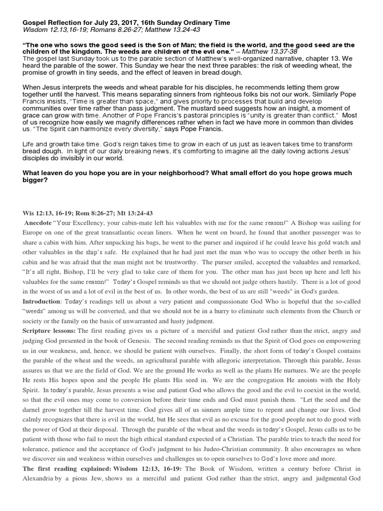 Sunday Reflection - July 23 2017 | PDF | Jesus | Solomons