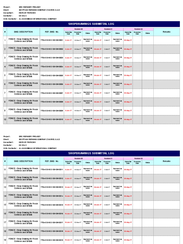 Refinery Project Shop Drawings Log | PDF | Drawing | Architectural Design
