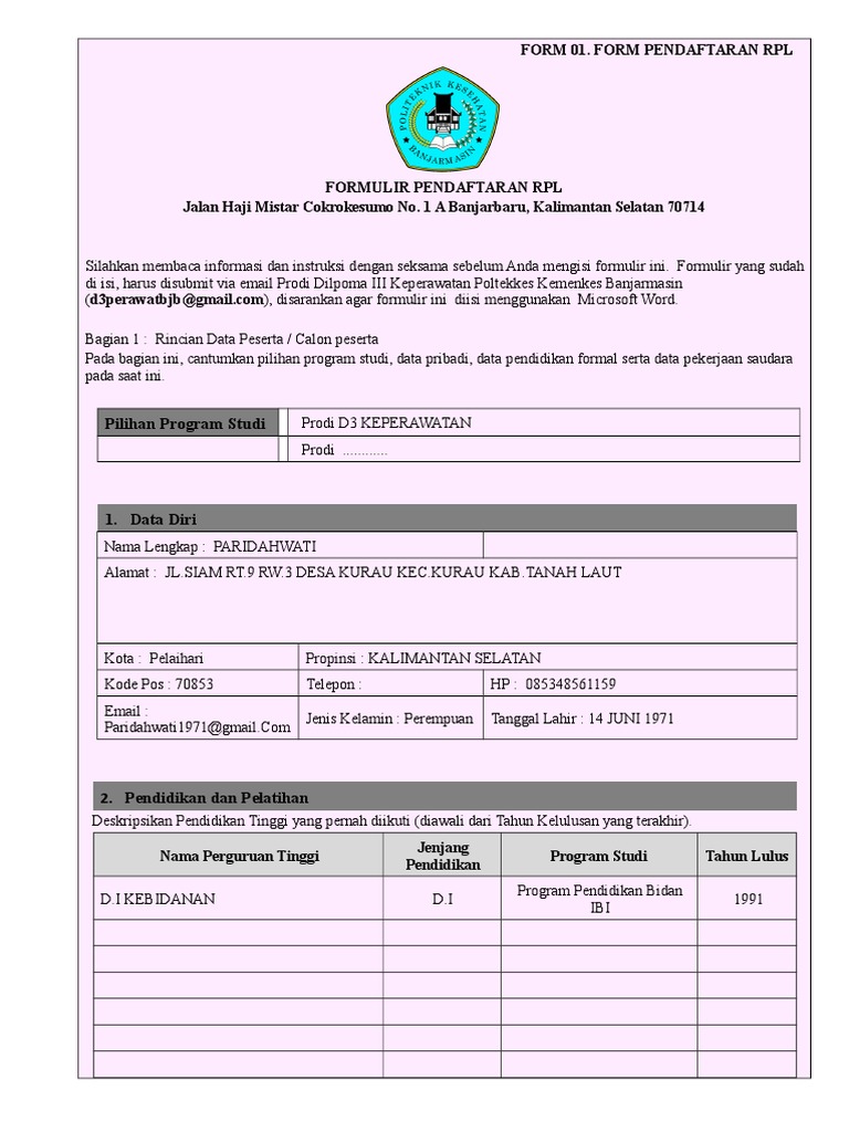 Form Pendaftaran RPL | PDF