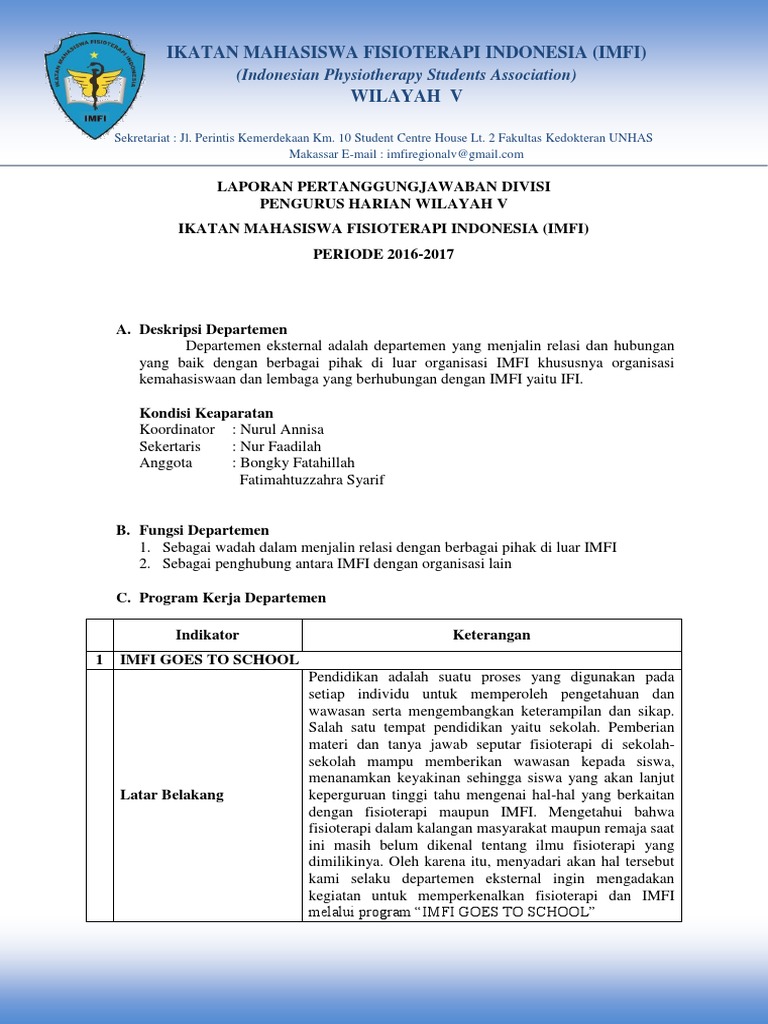 Laporan Program IMFI Wilayah V 2016-2017 | PDF