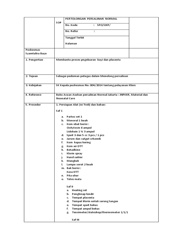 Sop Persalinan Normal | PDF