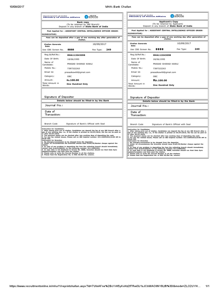 MHA Bank Challan | PDF | Cheque | Banking