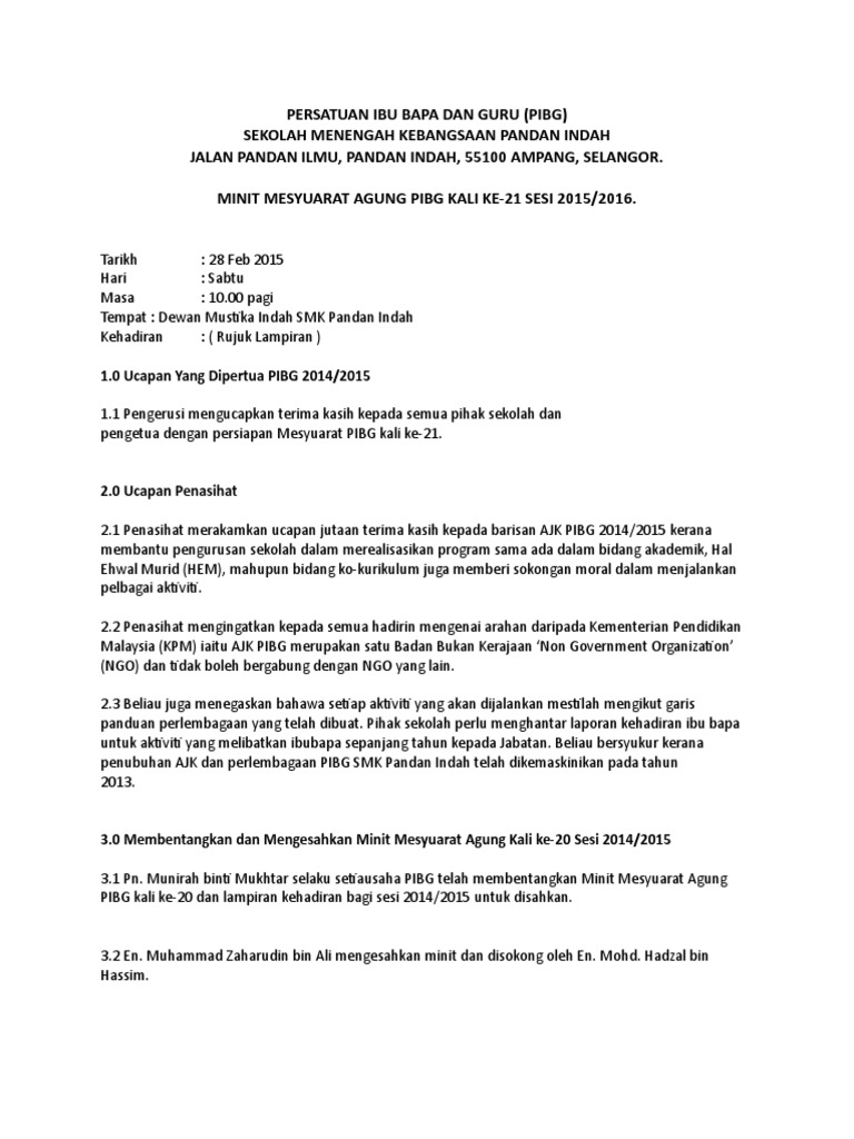 Minit Mesyuarat Persatuan Ibu Bapa Dan Guru | PDF