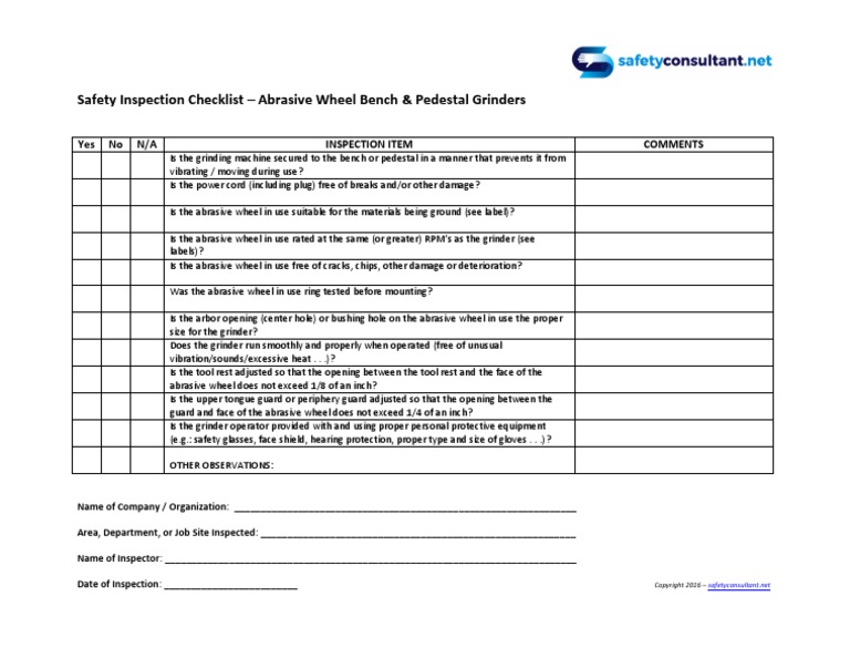 Portable Grinder Inspection Checklist HSE Documents, 40% OFF
