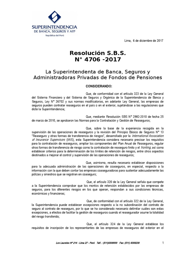 Resolución S.B.S. #4706 - 2017: La Superintendenta de Banca, Seguros y Administradoras Privadas ...