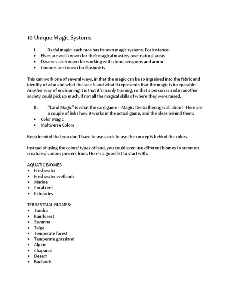 Unique Fantasy Magic Systems | PDF | Fantasy | Leisure