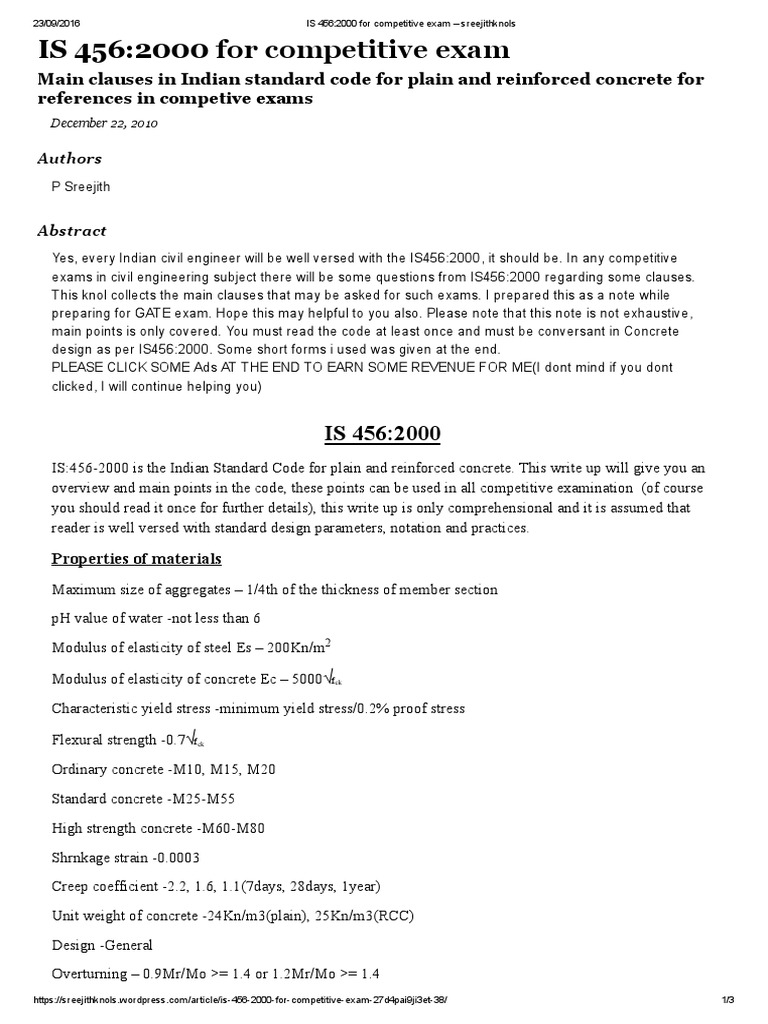 IS 456 - 2000 Notes | PDF | Strength Of Materials | Concrete