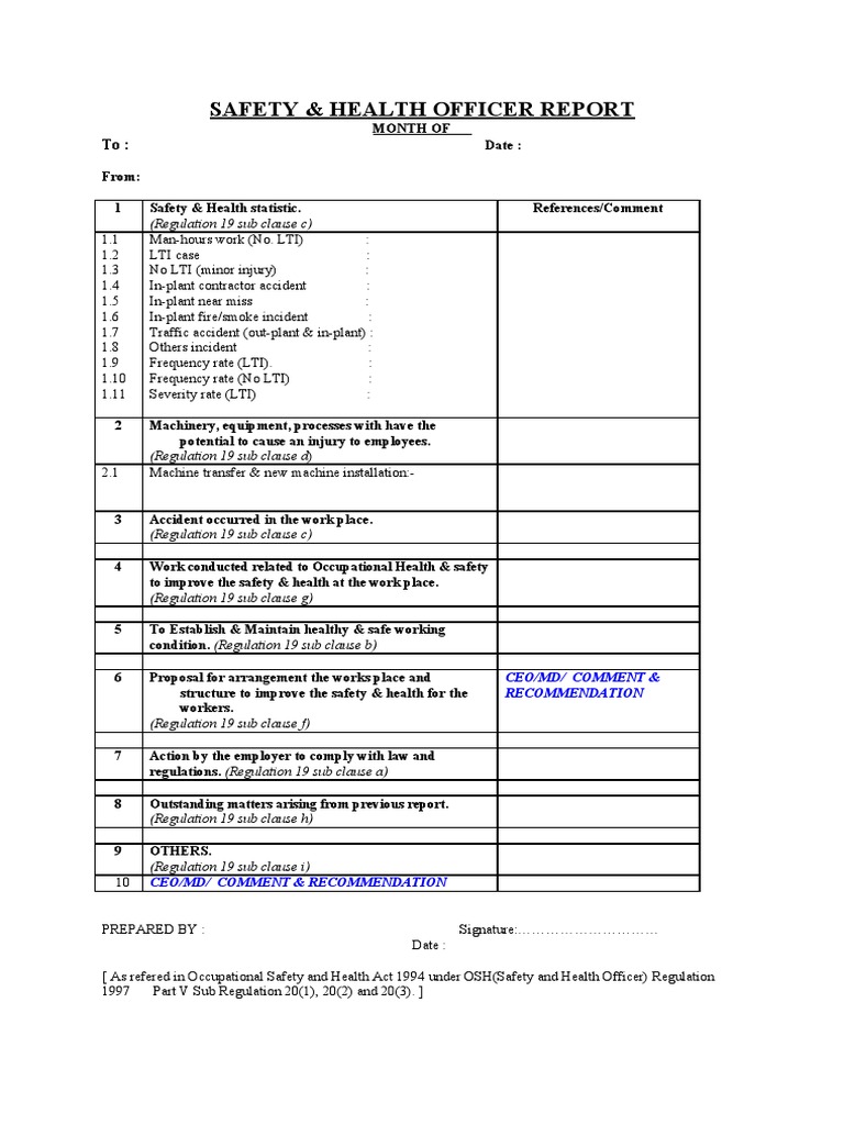 Safety & Health Officer Report: (Regulation 19 Sub Clause C) | PDF