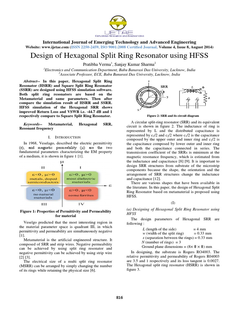 Design of Hexagonal Split Ring Resonator Using HFSS | PDF | Metamaterial | Radio Technology