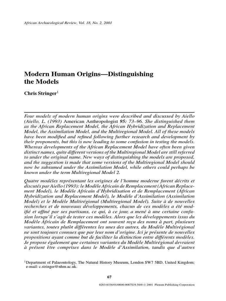 Stringer, Models Modern Origins | PDF | Human Evolution | Homo Sapiens