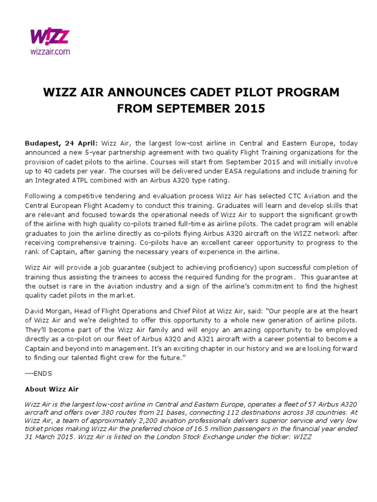 Wizz Air Announces Cadet Pilot Program From September 2015 | PDF ...