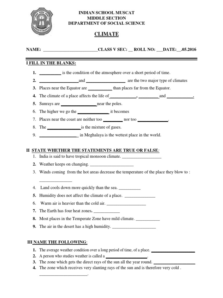 Class 5 Climate and Weather Worksheet | PDF | Climate | Atmosphere Of Earth