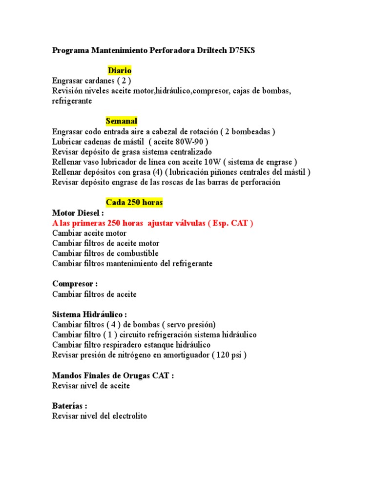 Programa Mantenimiento Perforadora Driltech D75KS | PDF