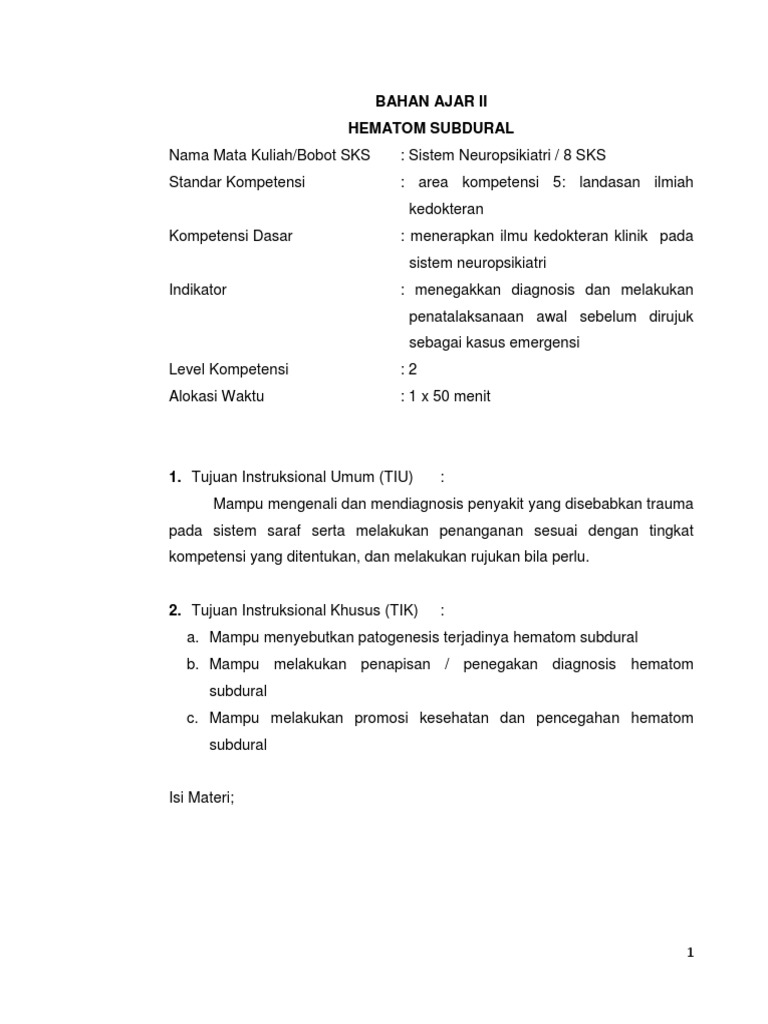 Bahan Ajar 2 - Hematom Subdural PDF | PDF
