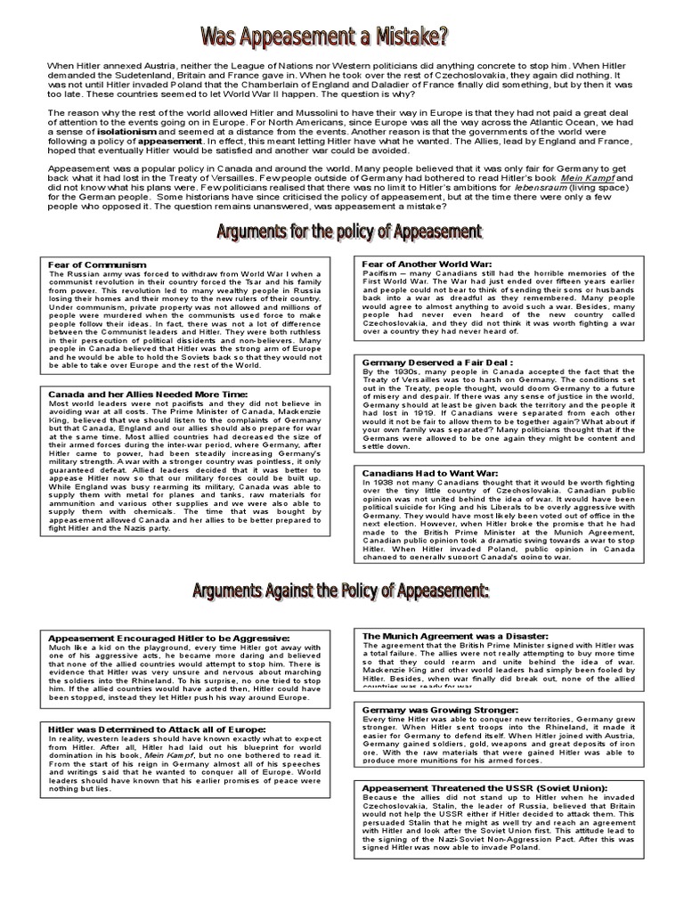 Appeasement Worksheet | PDF | Adolf Hitler | Allies Of World War II