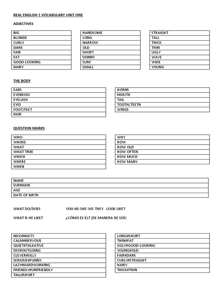 Real English 1 Vocabulary Unit One Adjectives | PDF