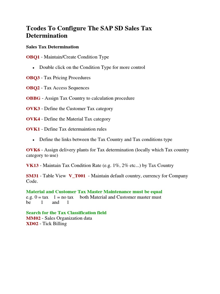 Tcodes To Configure The SAP SD Sales Tax Determination | PDF
