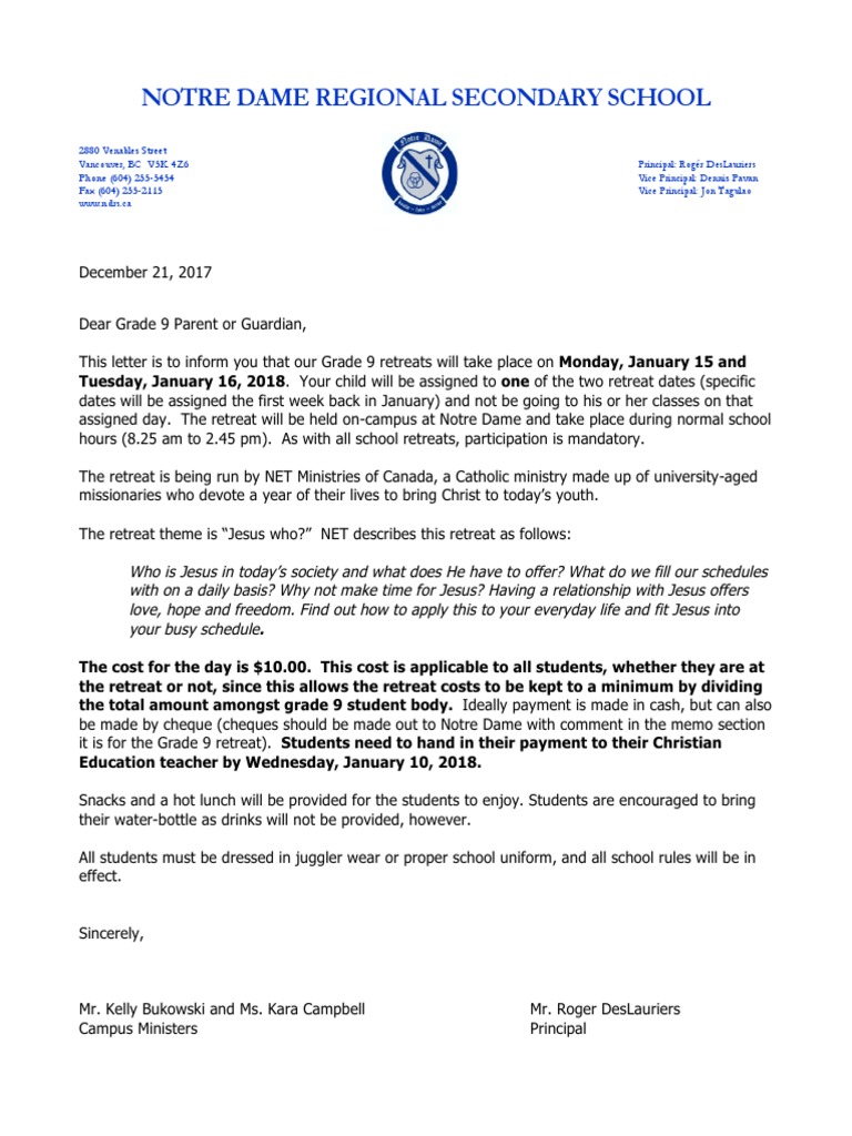 2018 Grade 9 Retreat Information Letter For Parents | PDF | Schools ...