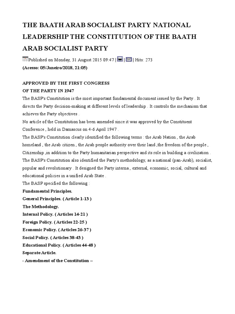 Baath Arab Socialist Party - Constitution (Approved in 1947) | PDF | Ba ...