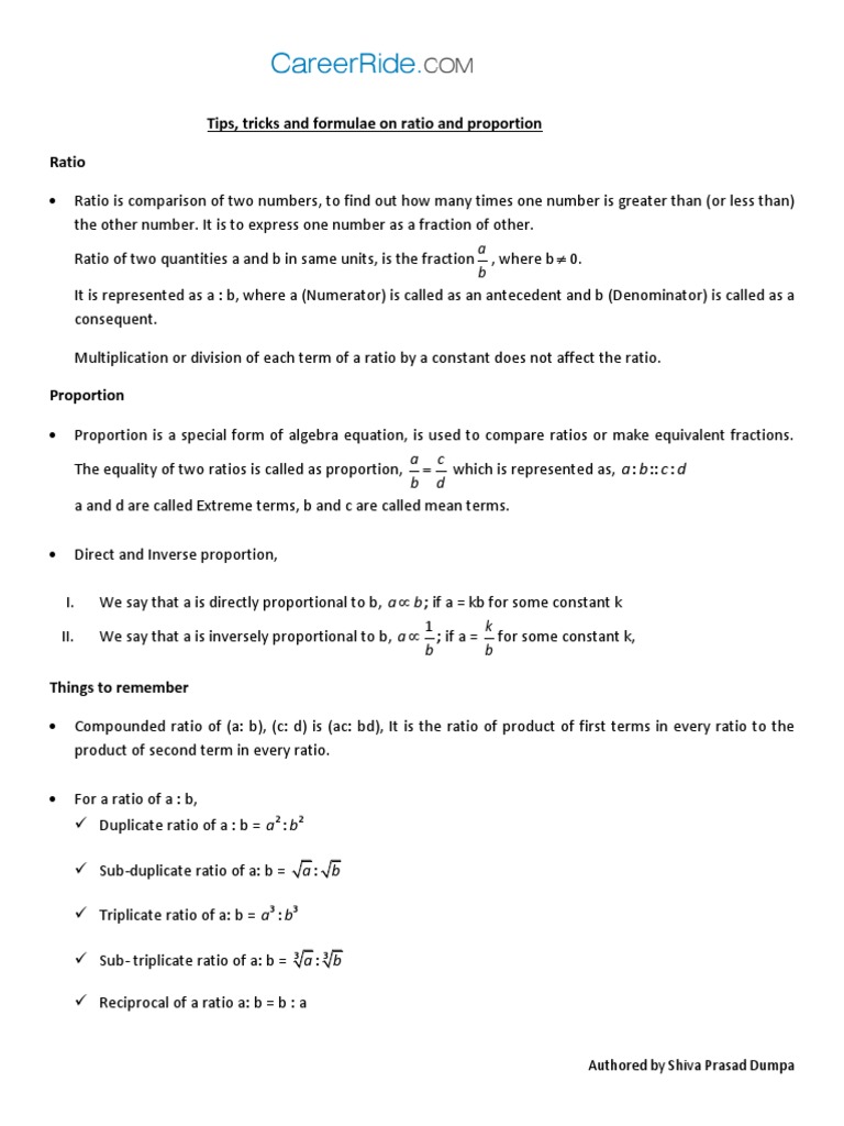 Tips Tricks and Formulae On Ratio and Proportion PDF | PDF | Fraction ...