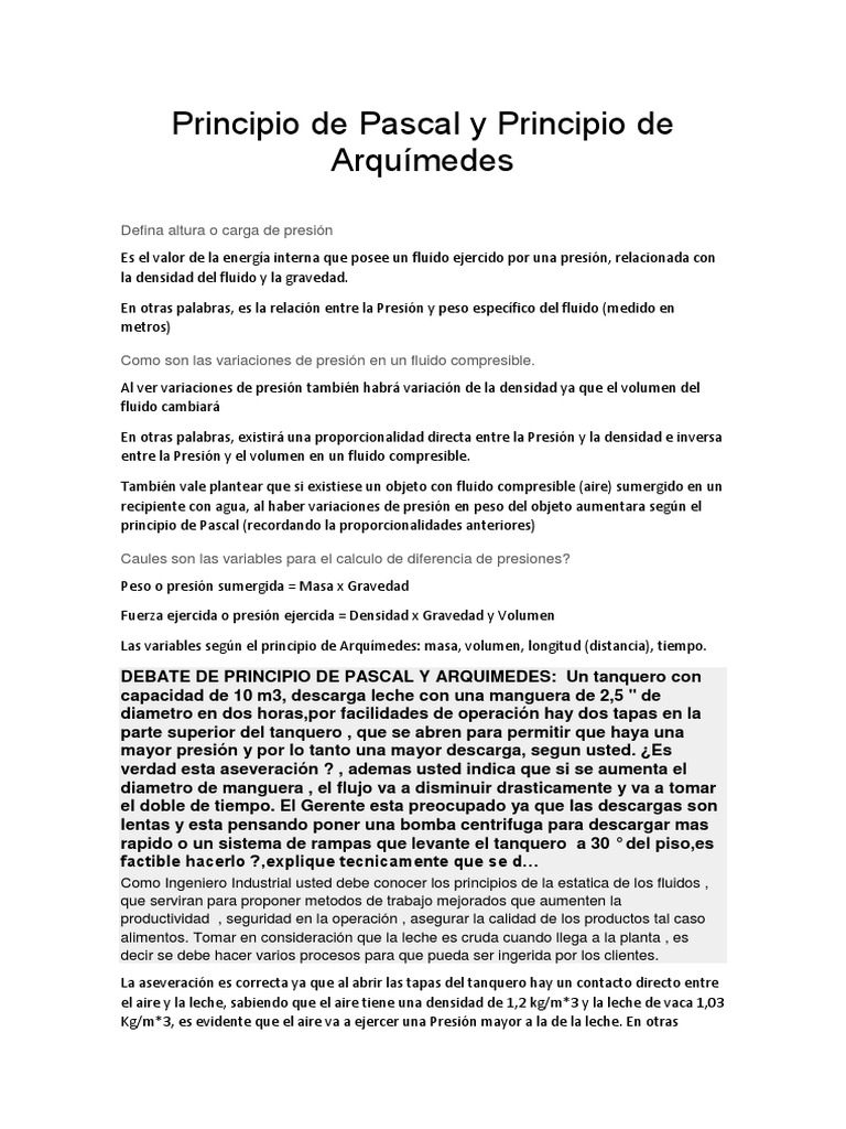 Principios de Pascal y Arquímedes en Fluidos | PDF | Bomba | Fluido