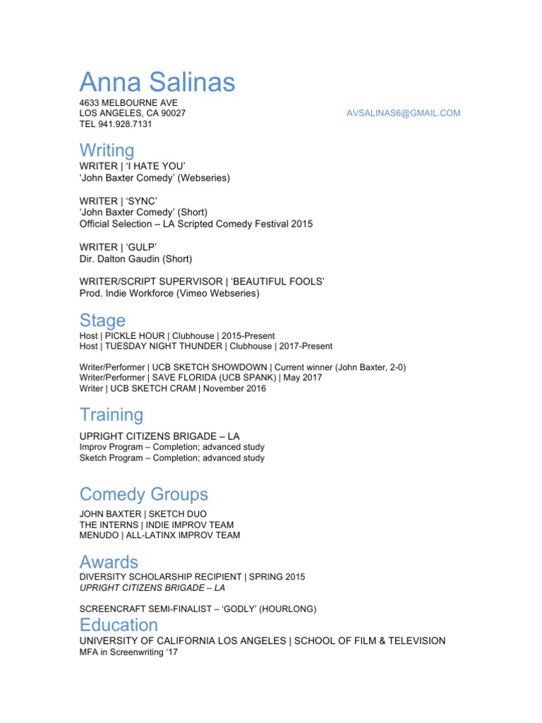 Anna Salinas Comedy Writing Resume | PDF