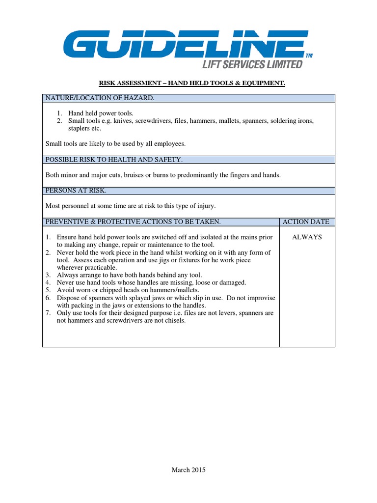 11 Risk Assessment Hand Held Tools and Equipment | PDF