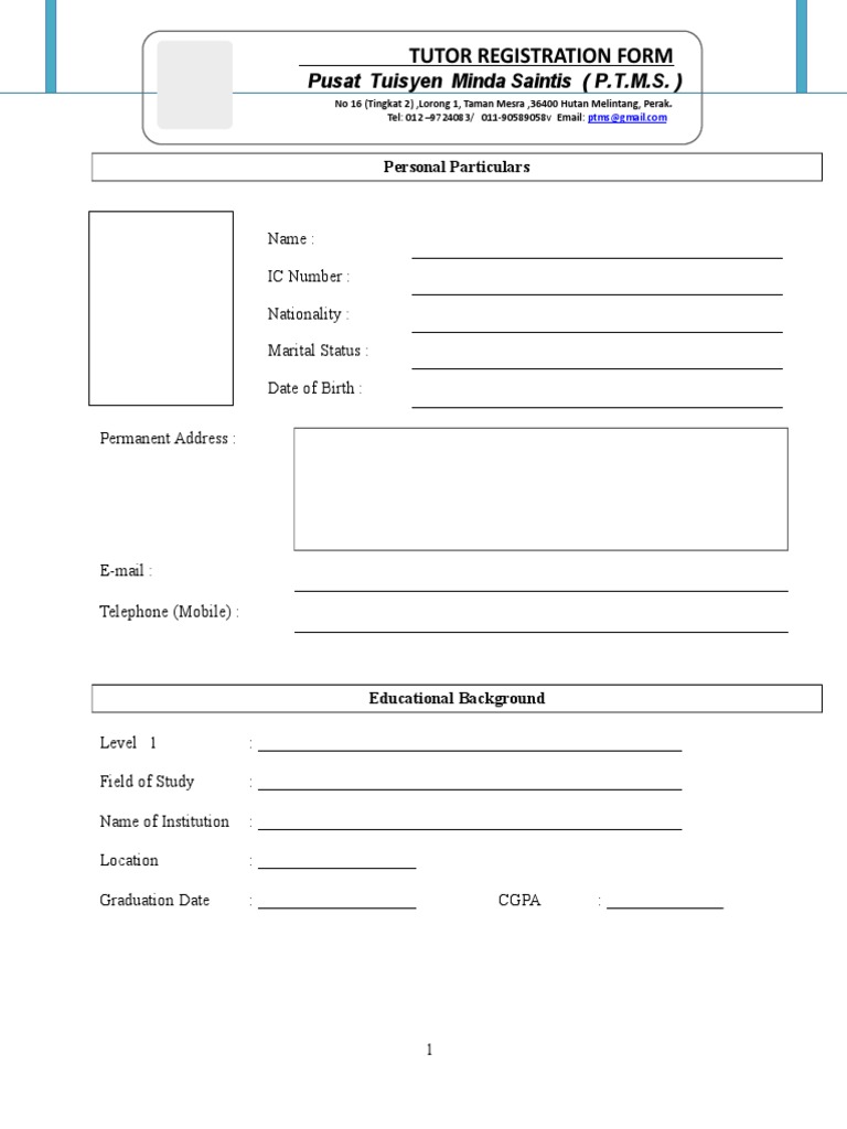 Tutor Registration Form: Pusat Tuisyen Minda Saintis (P.T.M.S.) | Download Free PDF | Business