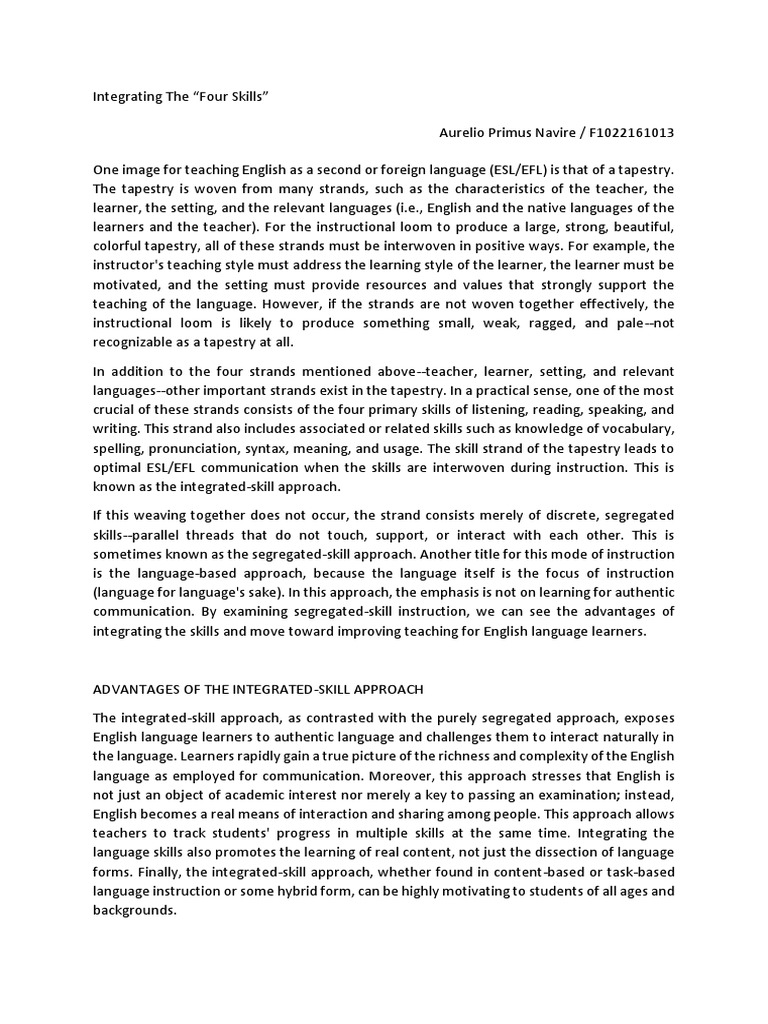 Chapter 15 Integrating The Four Skills Pdf English As A Second Or