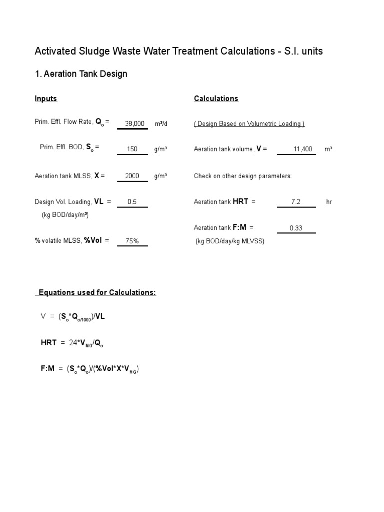 Activated Sludge Waste Water Treatment Calculations - S.I. Units | PDF ...