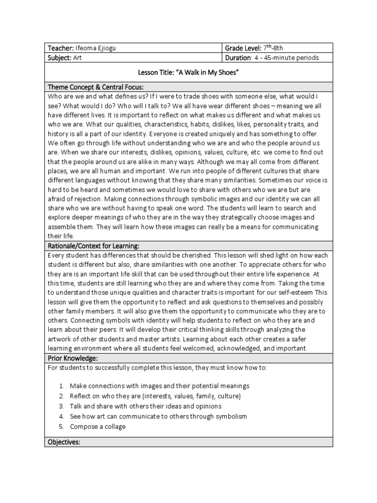 walk in my shoes lesson | Educational Assessment | Semiotics