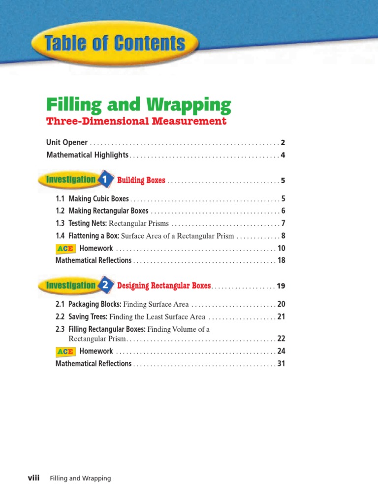 Connected Mathematics 2 - Filling and Wrapping - Three-Dimensional Measurement | PDF | Volume | Area