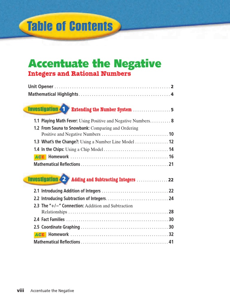 Connected Mathematics 2 - Accentuate The Negative - Integers and Rational Numbers | PDF ...