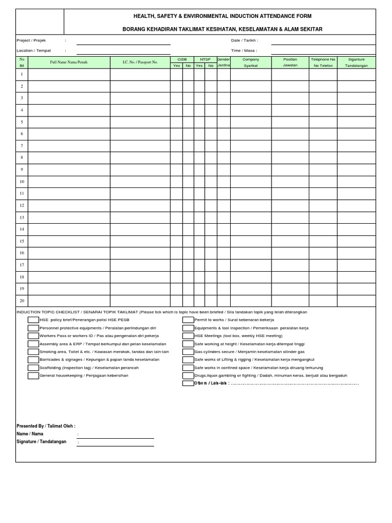 Safety Induction Attendance Form Sample