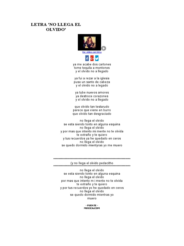 Jenni Rivera - No Llega El Olvido (Letra) | PDF