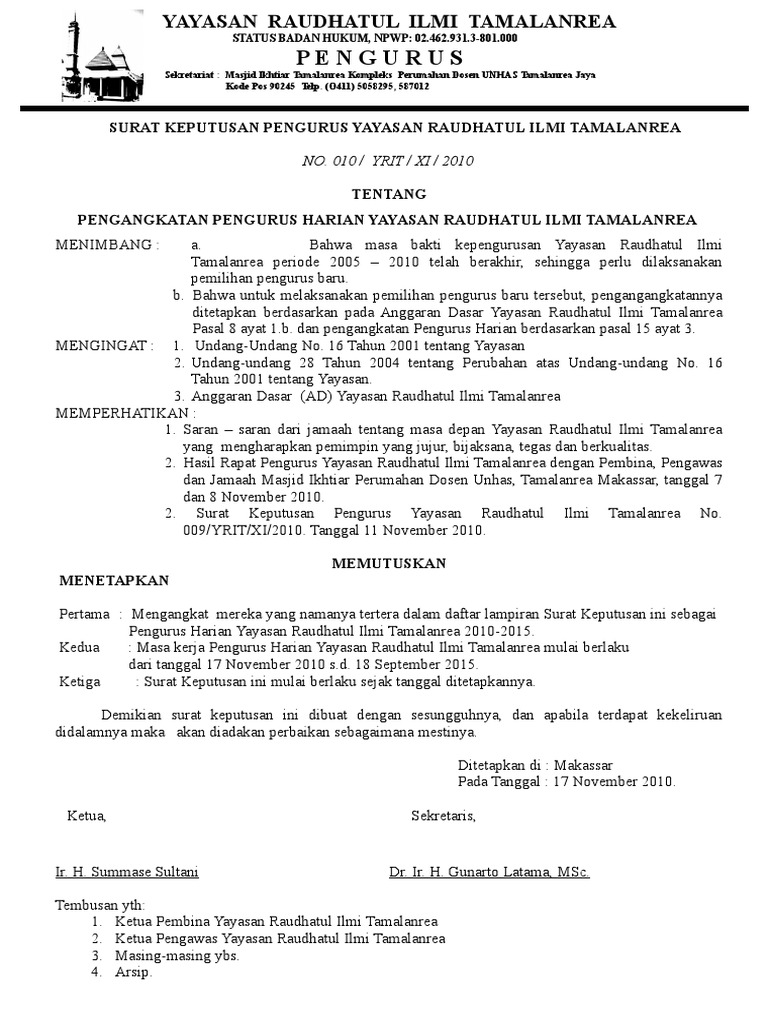 Contoh Surat Keputusan Pengangkatan Pengurus Cabang Yayasan - Delinewstv