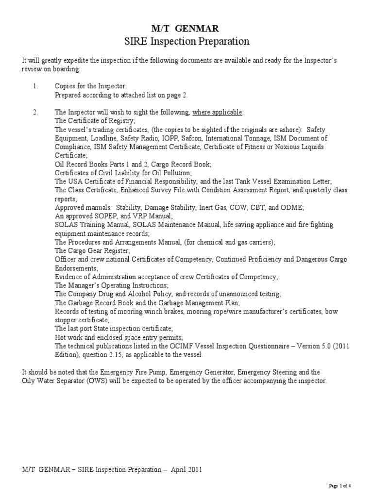 SIRE Inspection Preparation Document | PDF | Oil Tanker | Shipbuilding