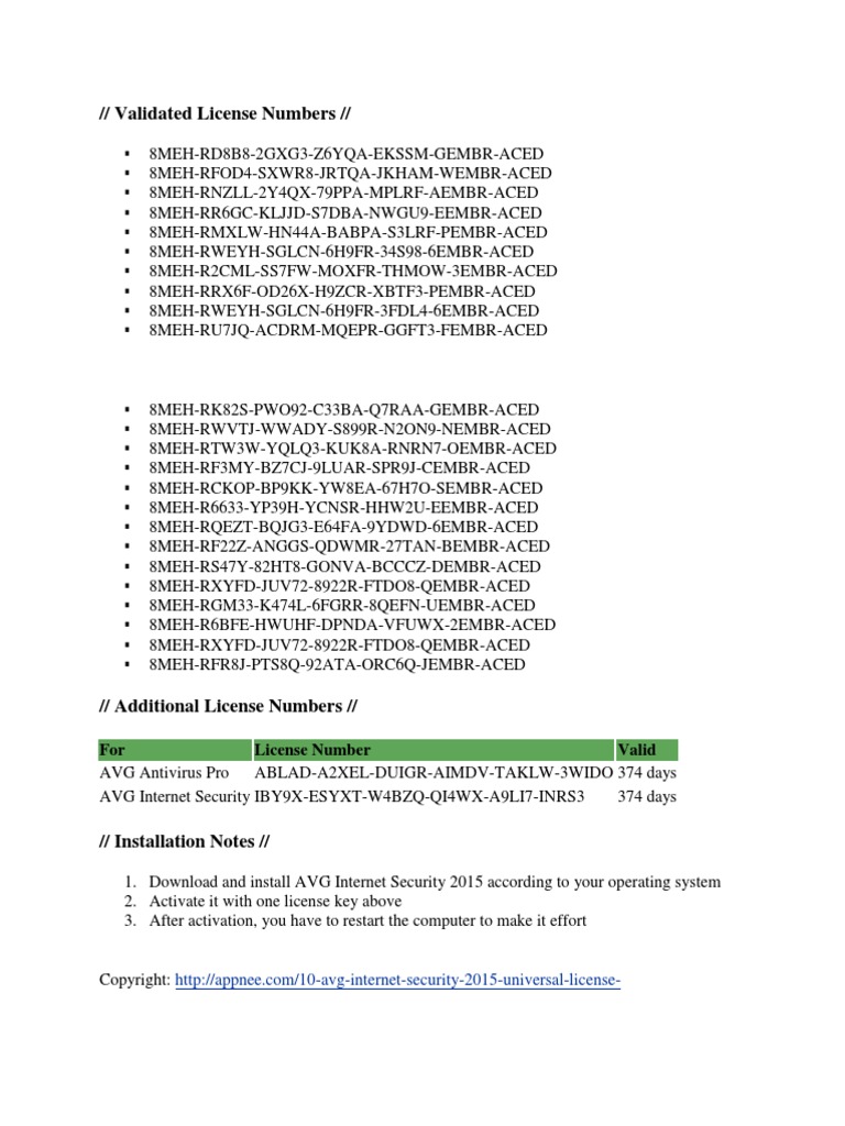 AVG Validated License Numbers | PDF | Creative Commons License ...