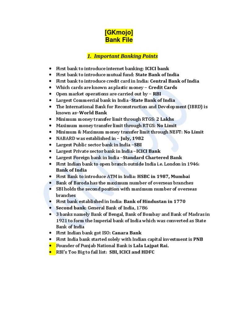 (Gkmojo) Bank File: 1. Important Banking Points | PDF | Automated ...