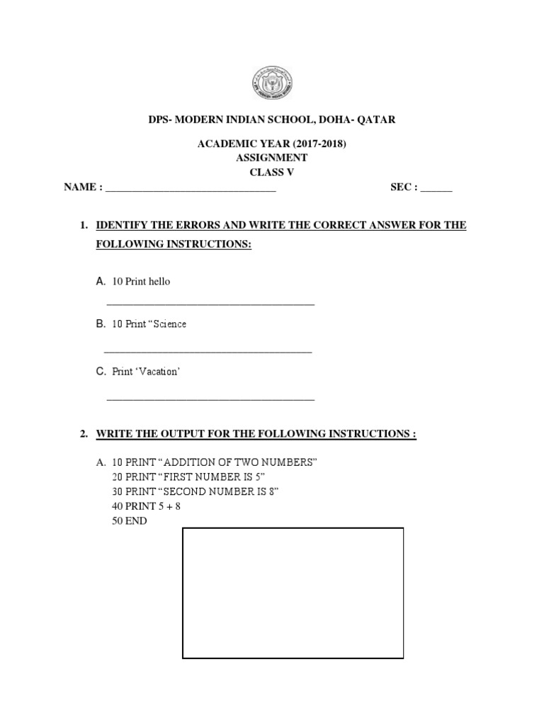 Class 5 Computer Science Assignment | PDF