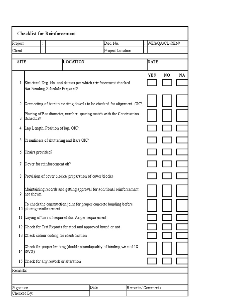 Reinforcement Inspection Checklist | PDF | Technology & Engineering