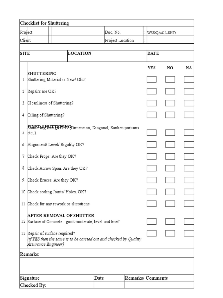 Checklist For Shuttering | PDF | Technology & Engineering