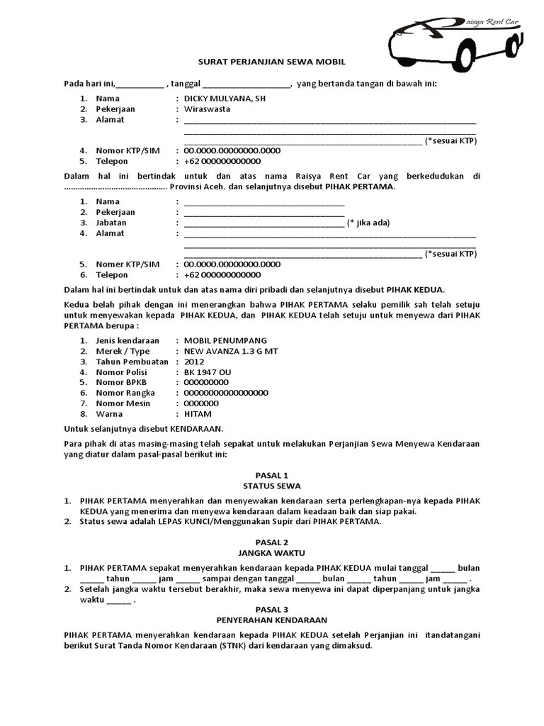 Surat Perjanjian Sewa Mobil | PDF