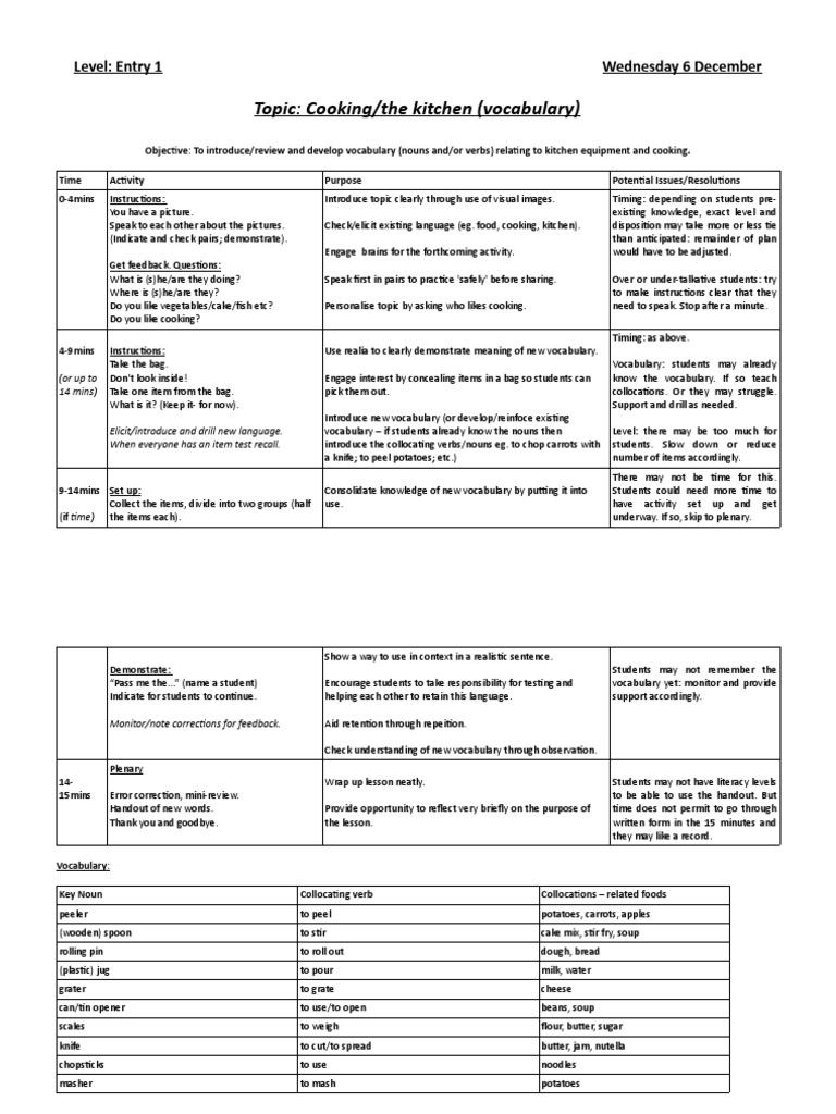ESOL Entry 1 Interview Lesson Cooking | PDF | Vocabulary | Lesson Plan