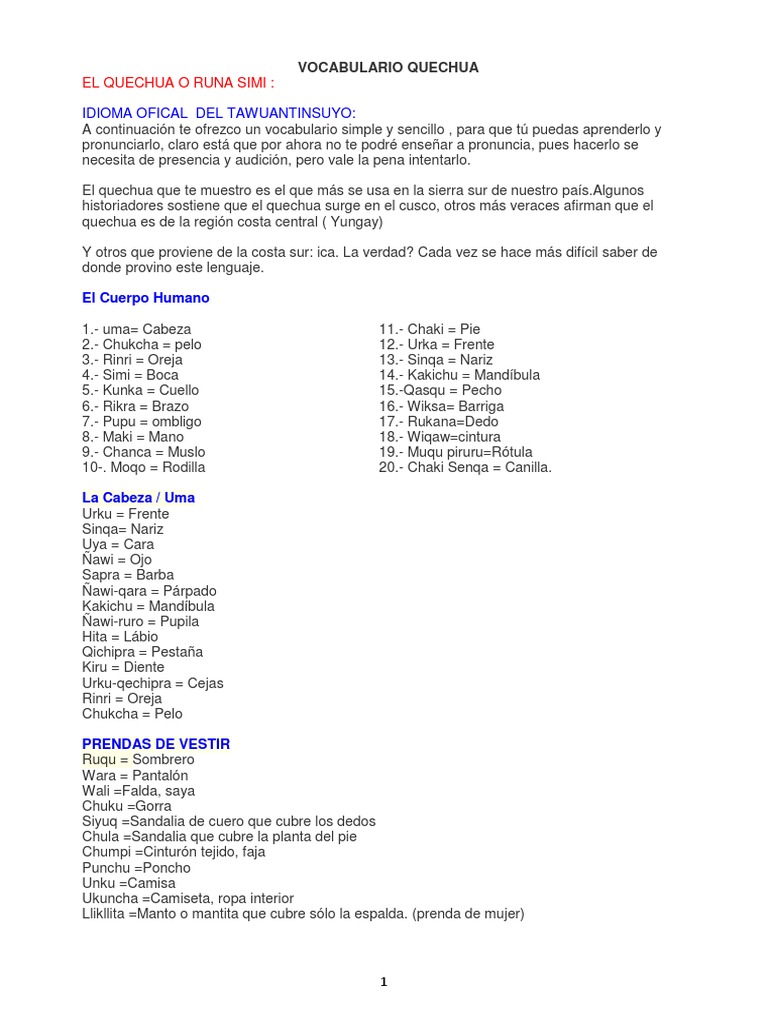 Vocabulario Quechua | Verbo | Plural