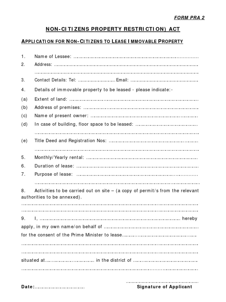 Non-Citizens Property Restriction) Act A N - C L I P: Pplication For ON ...