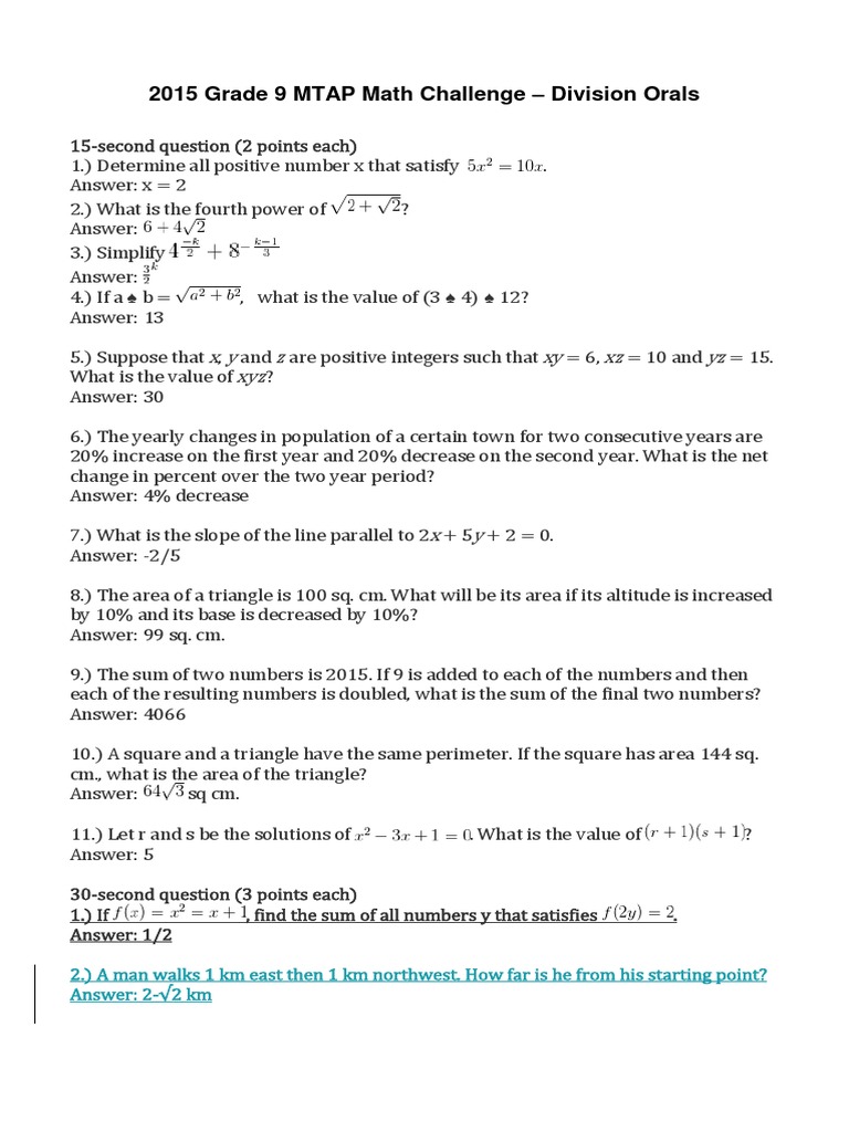 Grade 9 Mtap Oral Division Finals | PDF | Triangle | Elementary Geometry