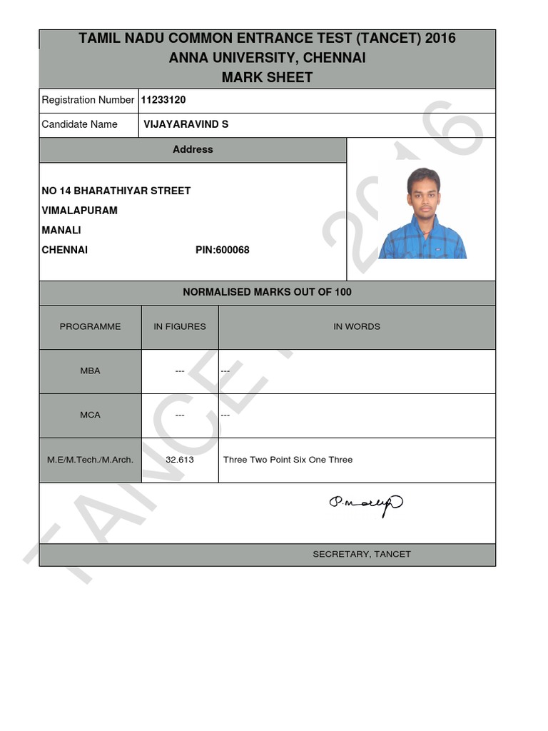 TANCET - Mark Sheet | PDF